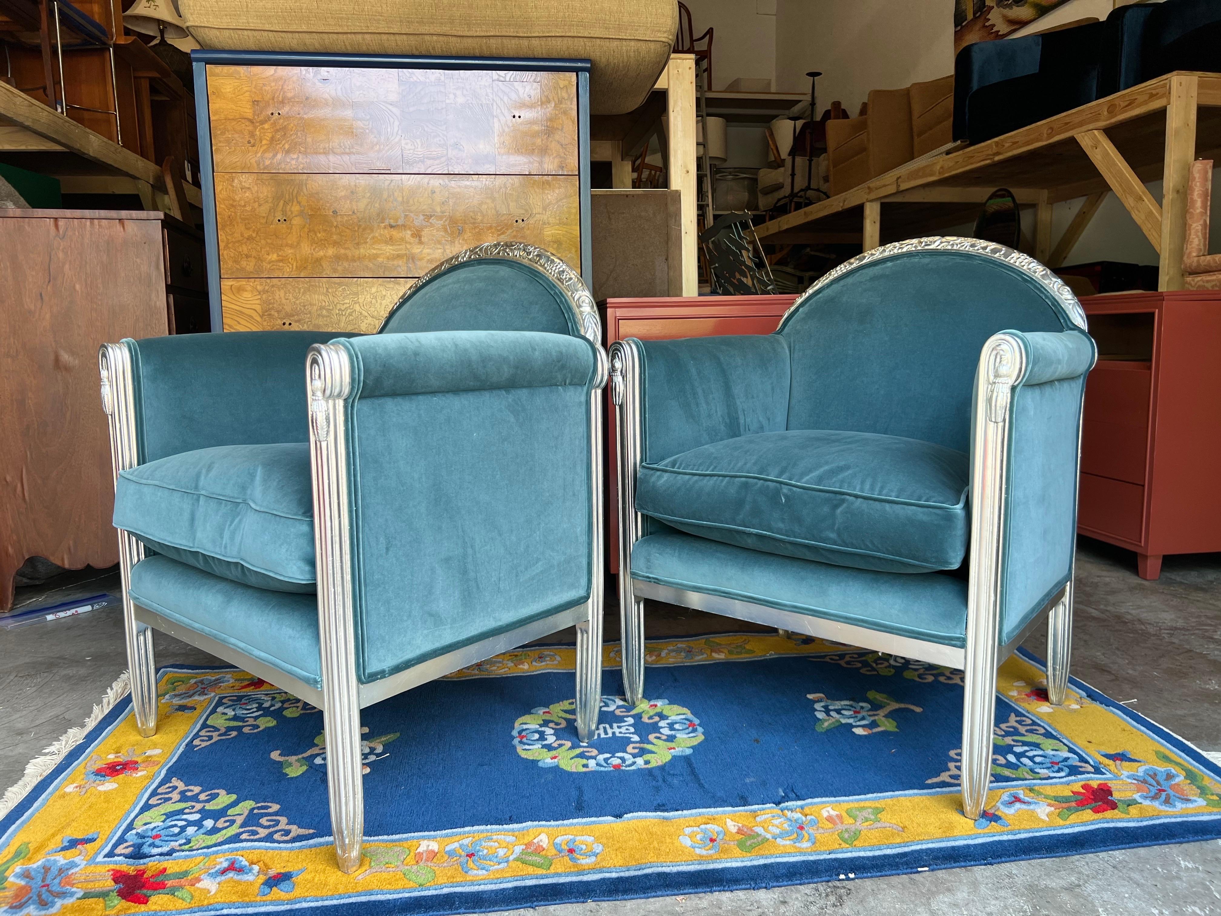 1920s Art Deco Era Silver Leaf and Blue Velvet Club Chairs For Sale at ...