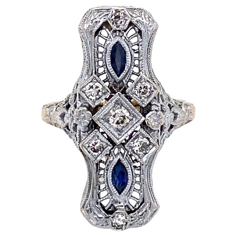1920s Art Deco Filigree Sapphire Shield Ring in Platinum and 18 Karat ...