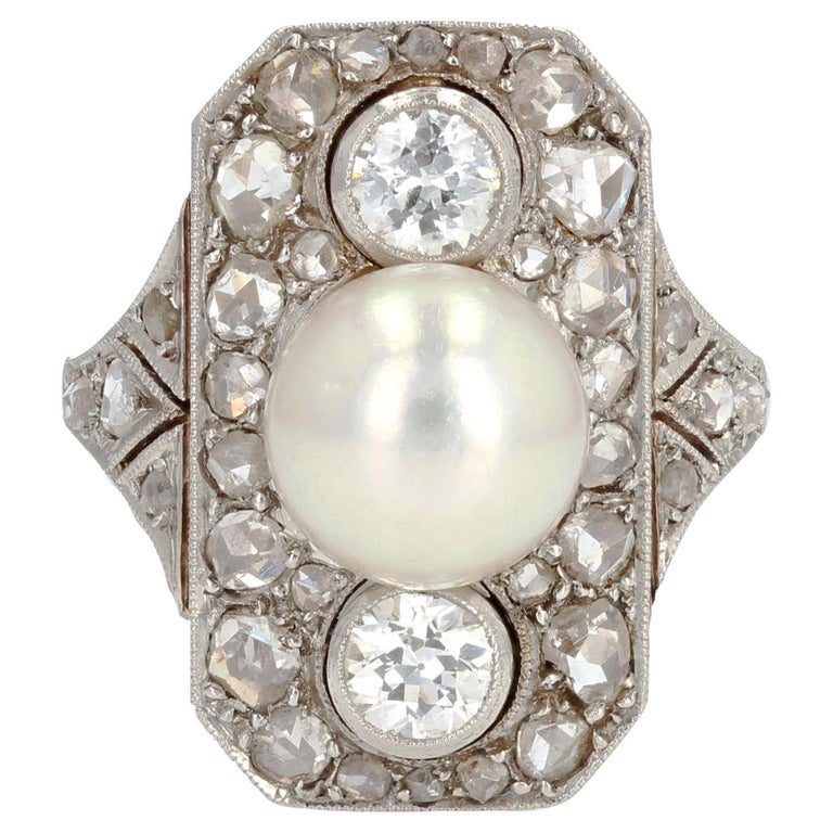 1920s Art Deco Fine Pearl Diamonds 18 Karat Yellow Gold Platinum Ring ...