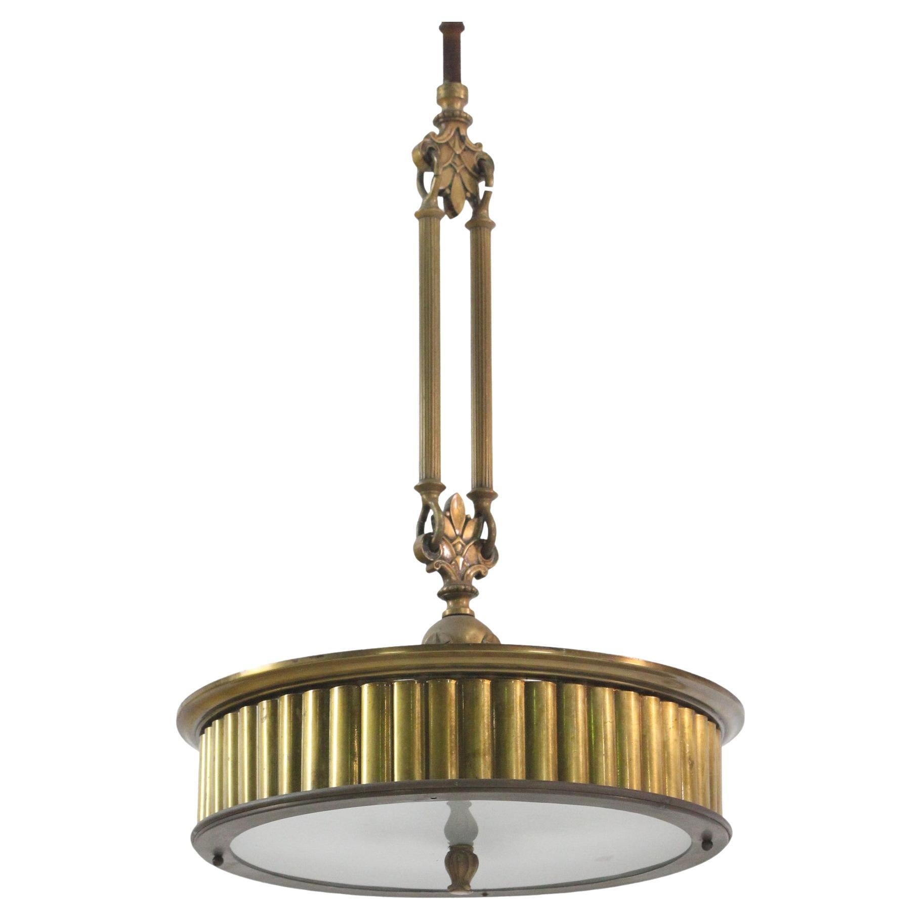 1910 Bronze Bank Pendant Light with Opalescent Glass and Pineapple ...