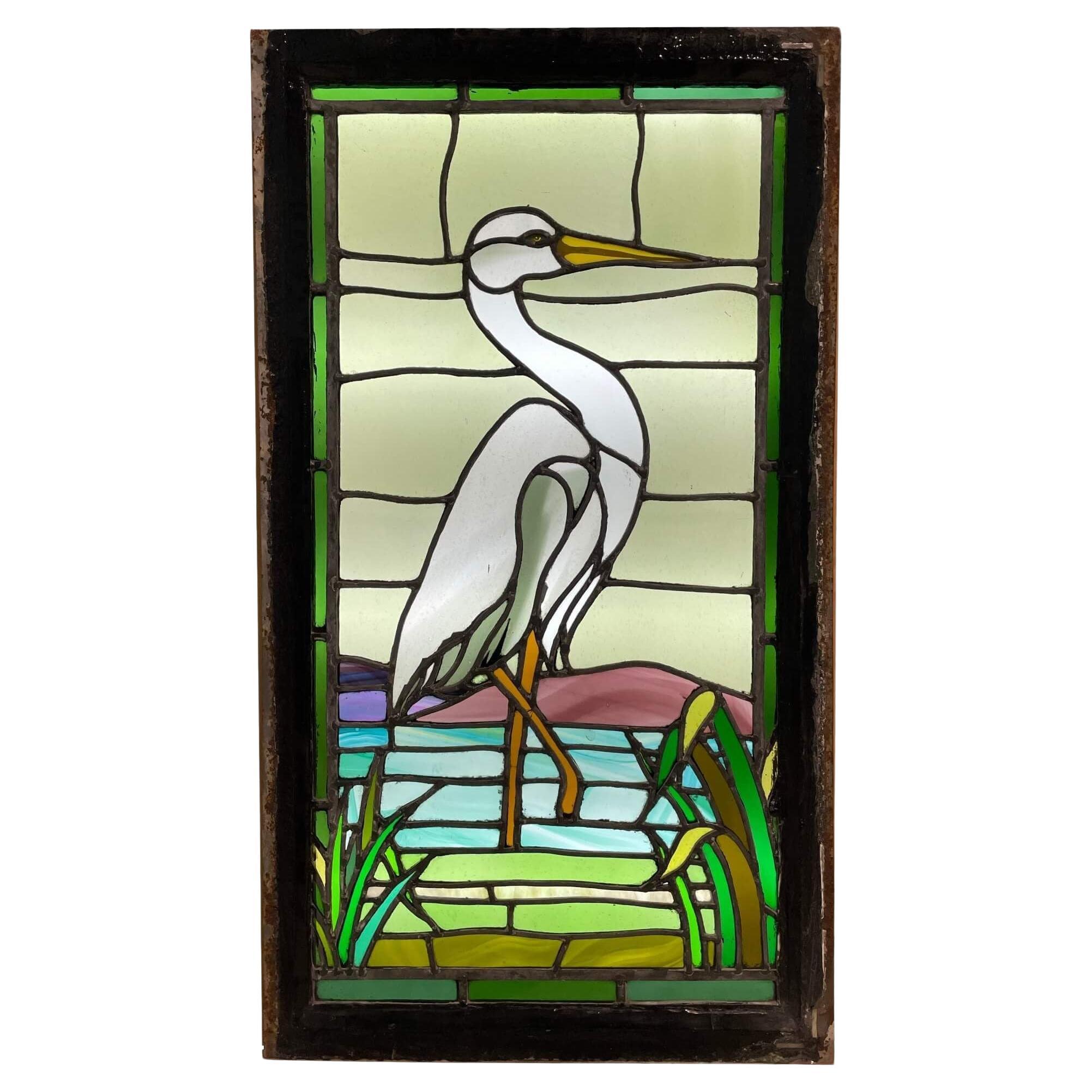 1920s Art Deco Heron Stained Glass Window For Sale at 1stDibs