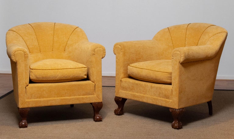 Pair Art Deco Lounge / Club Chairs in Yellow Velvet by Carl Johansons ...