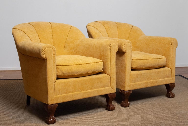 Pair Art Deco Lounge / Club Chairs in Yellow Velvet by Carl Johansons ...