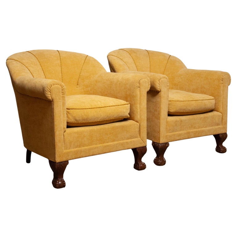 Pair Art Deco Lounge / Club Chairs in Yellow Velvet by Carl Johansons ...