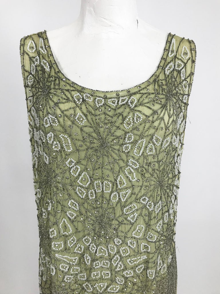 1920s Beaded Spiders Web Flapper Dress in Mint Green Chiffon Vintage ...