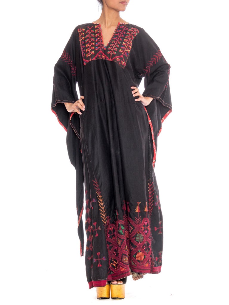 1920S Black Hand Embroidered Cotton Kaftan With Medieval Sleeves at 1stDibs
