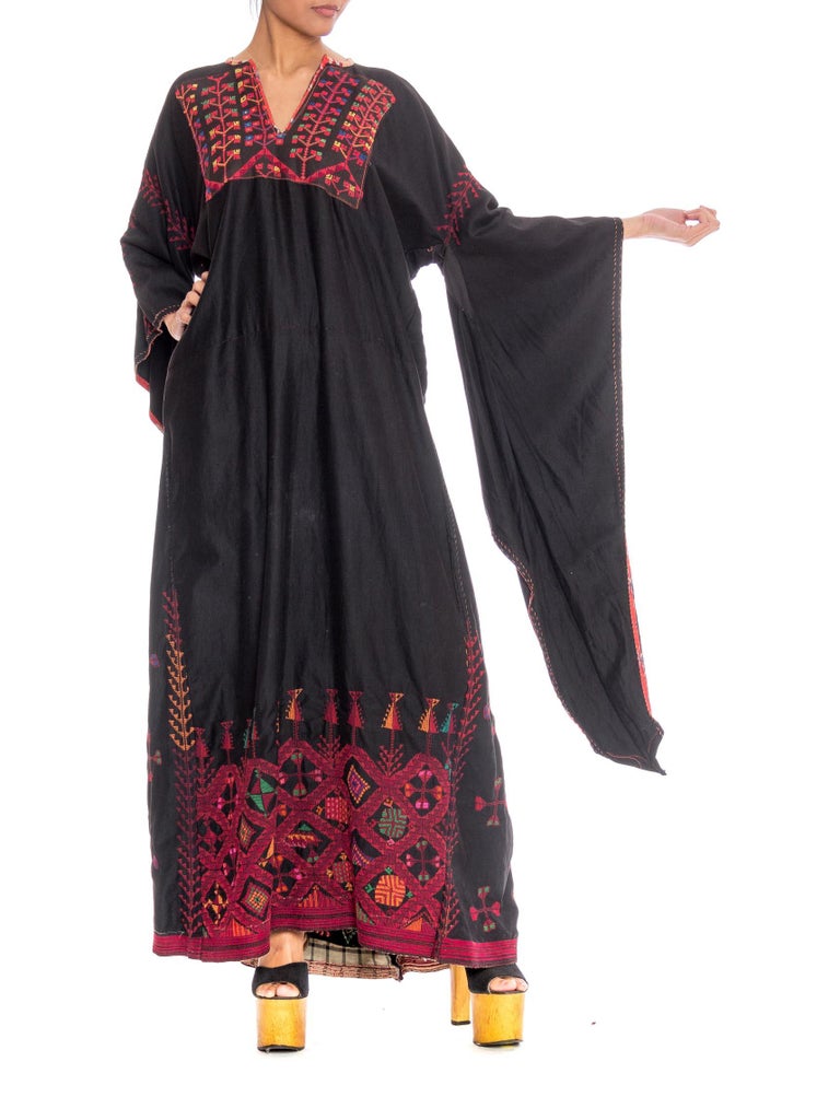1920S Black Hand Embroidered Cotton Kaftan With Medieval Sleeves at 1stDibs