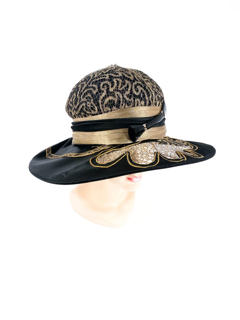1920s Black Satin Day Cloche with Gold Lamé Accents at 1stDibs