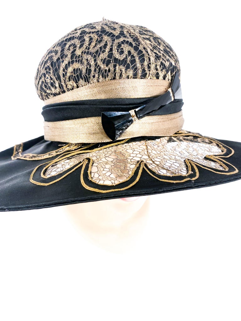 1920s Black Satin Day Cloche with Gold Lamé Accents at 1stDibs