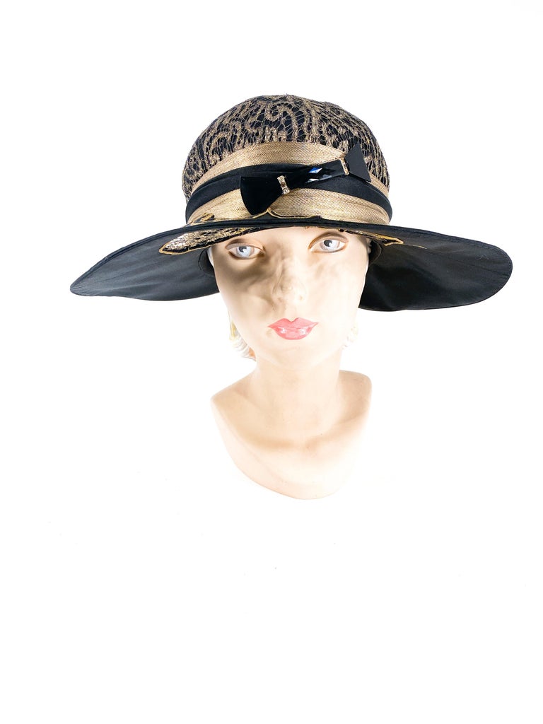 1920s Black Satin Day Cloche with Gold Lamé Accents at 1stDibs