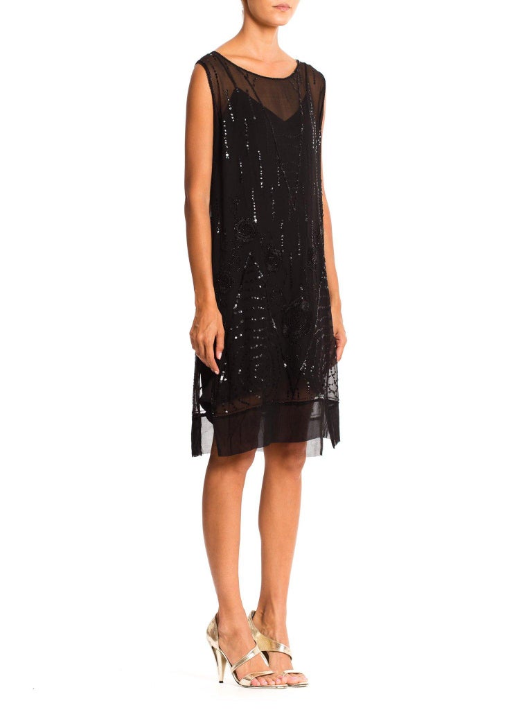 1920'S Black Silk Chiffon Sheer Cocktail Dress With Floral Deco Sequins ...