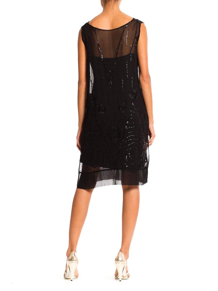 1920'S Black Silk Chiffon Sheer Cocktail Dress With Floral Deco Sequins ...