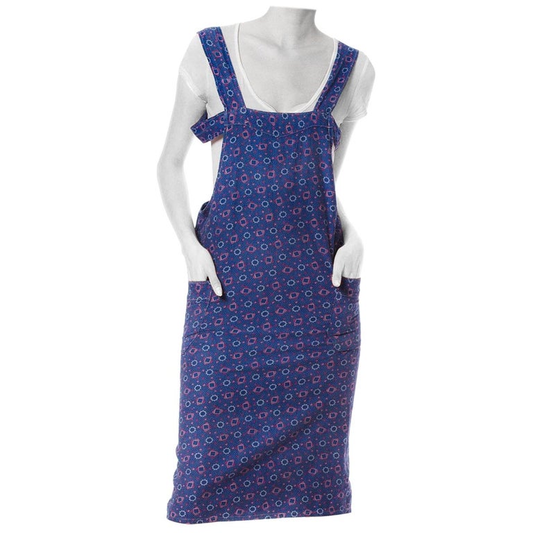 1920S Blue and Red Cotton Workwear Geo Printed Apron Dress For Sale at ...