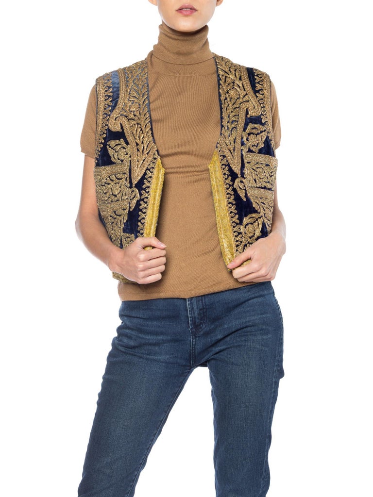 1920S Blue Velvet Mens Boho Vest With Gold Braid Hand Embroidery For ...