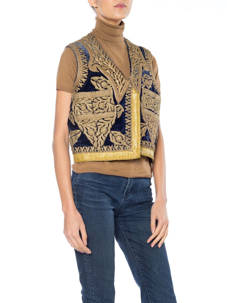 1920S Blue Velvet Mens Boho Vest With Gold Braid Hand Embroidery For ...