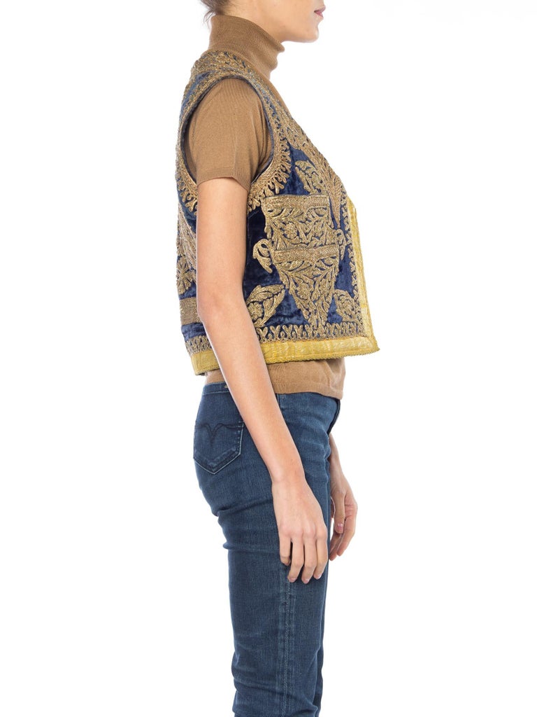 1920S Blue Velvet Mens Boho Vest With Gold Braid Hand Embroidery For ...