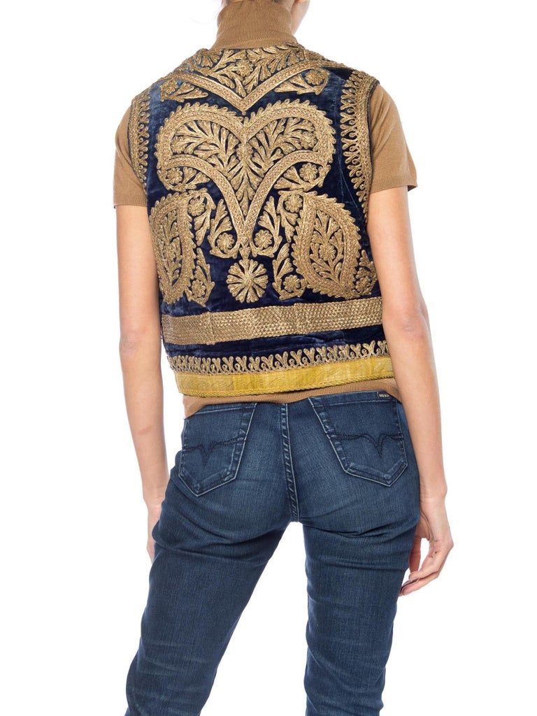 1920S Blue Velvet Mens Boho Vest With Gold Braid Hand Embroidery For ...