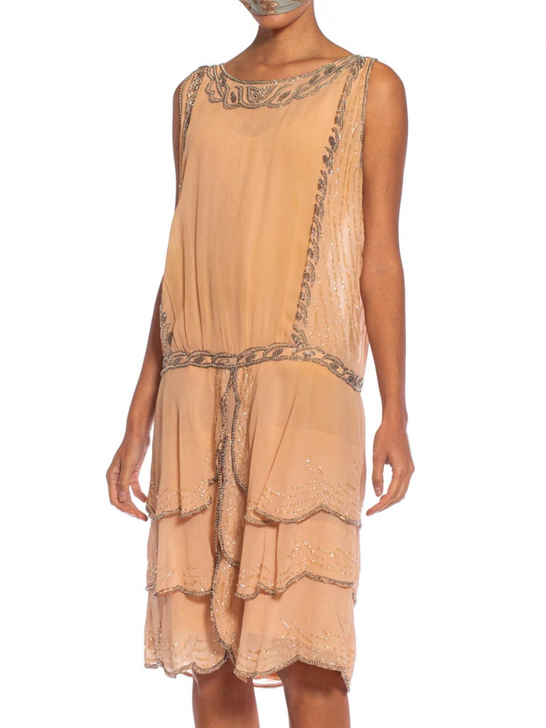 1920S Blush Pink Beaded Silk Chiffon Tiered Skirt Flapper Cocktail ...