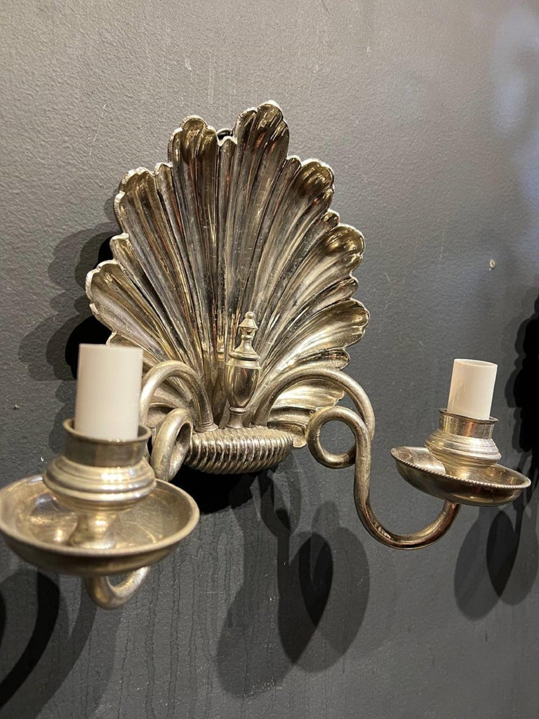 1920s Caldwell Shell Silver Plated Sconces For Sale at 1stDibs