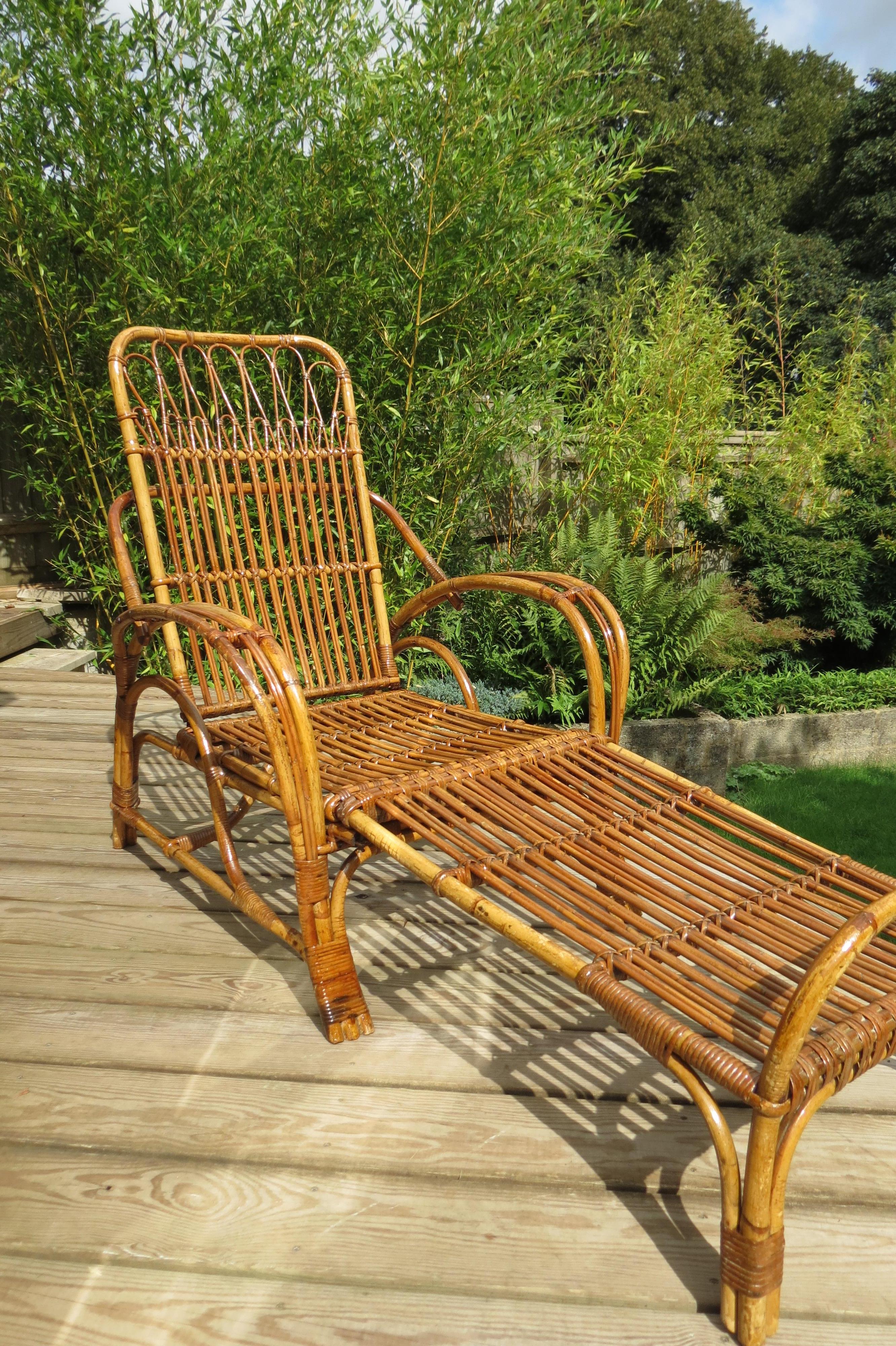 1920s Cane and Rattan Reclining Lounger Chair and Footstool at 1stDibs ...