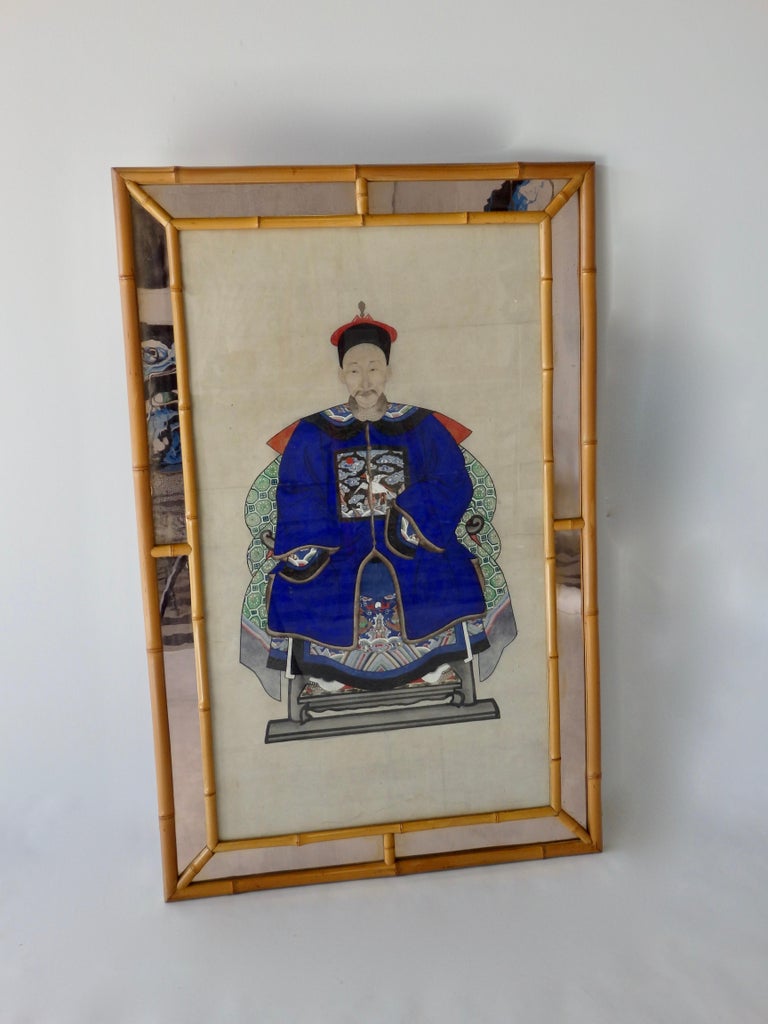 1920s Chinese Ancestor Portrait in Bamboo Frame with Mirror at 1stDibs