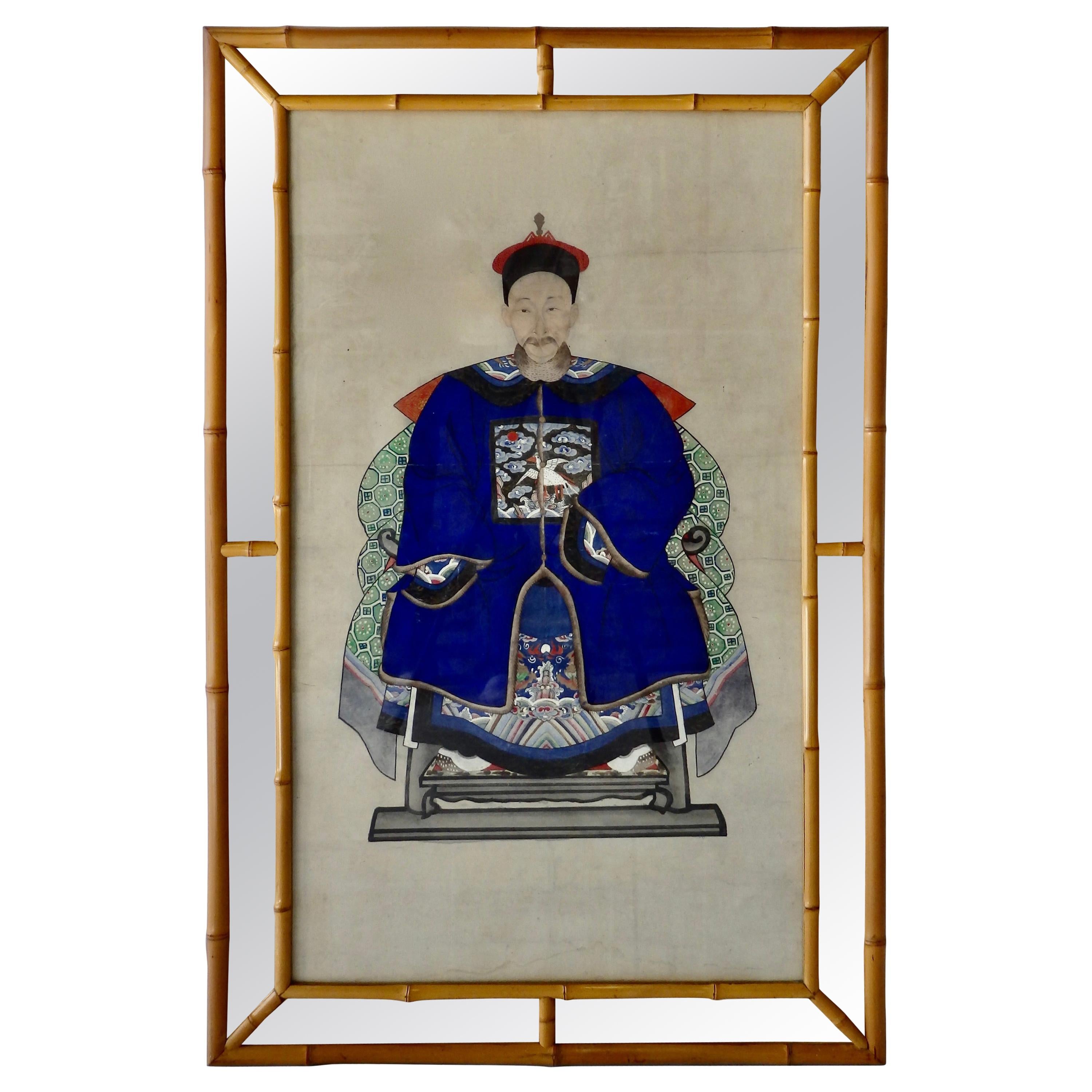 1920s Chinese Ancestor Portrait in Bamboo Frame with Mirror at 1stDibs