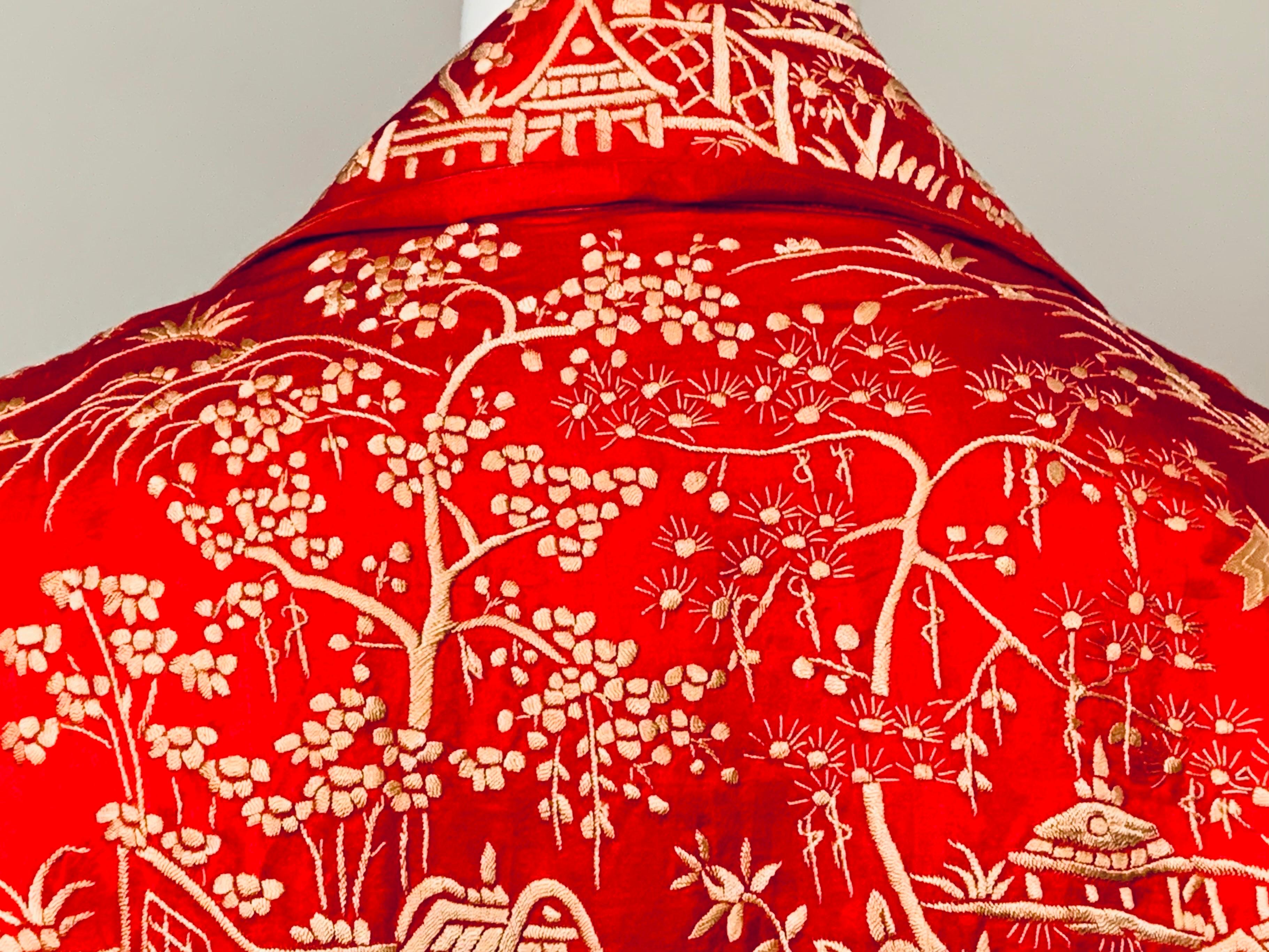 1920's Chinese Hand Embroidered Red Silk Coat with People, Animals and ...