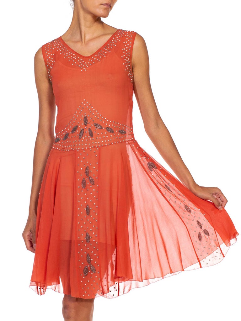 1920S Coral Silk Chiffon Crystal Beaded Flapper Cocktail Dress For Sale ...