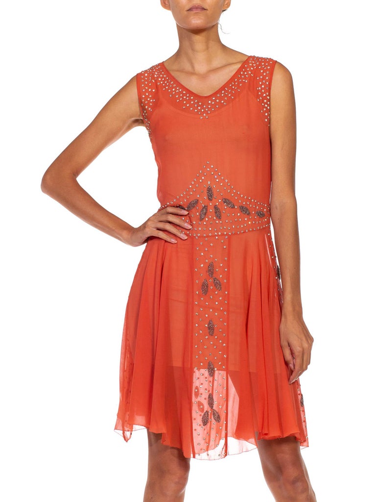 1920S Coral Silk Chiffon Crystal Beaded Flapper Cocktail Dress For Sale ...