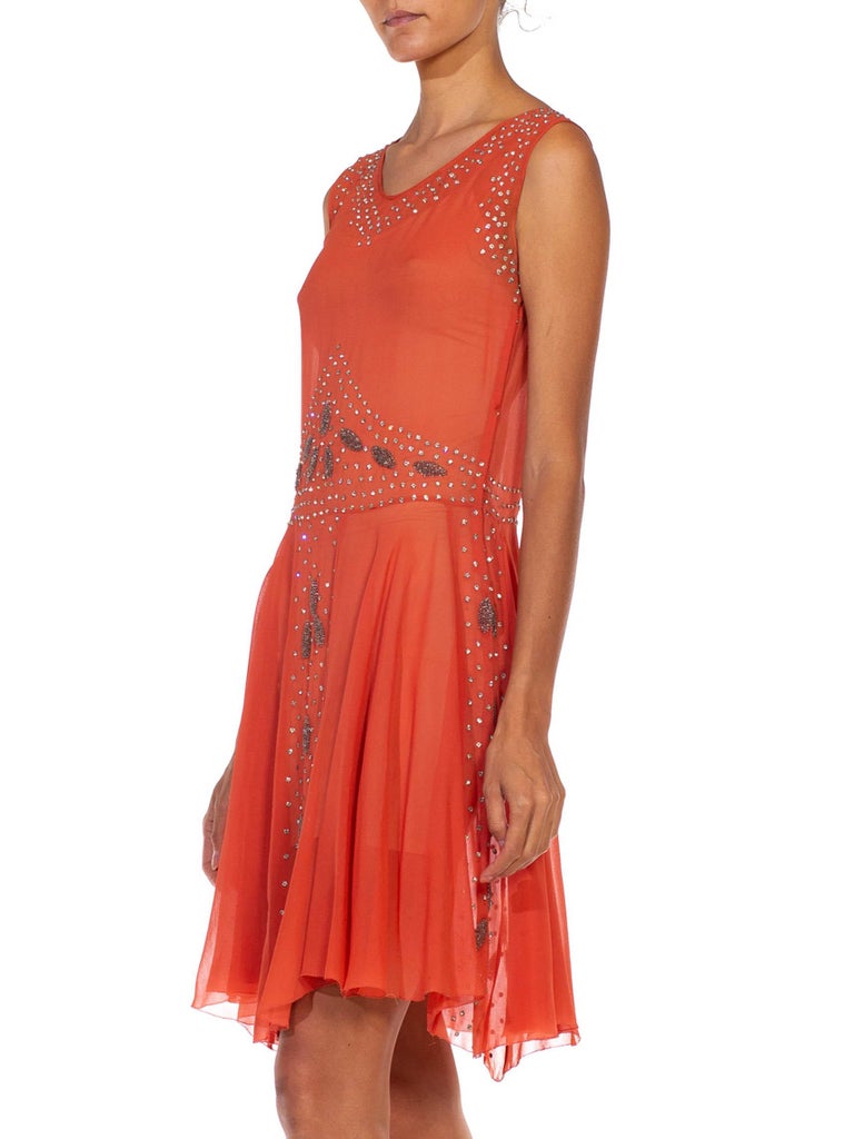 1920S Coral Silk Chiffon Crystal Beaded Flapper Cocktail Dress For Sale ...