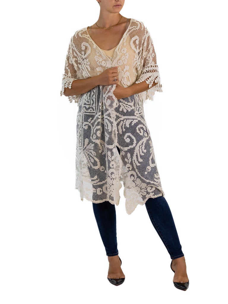 1920S Cream Cotton Hand Made Filet Lace Duster For Sale at 1stDibs