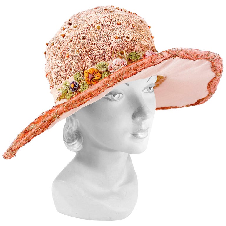 1920s Dusty Rose Pink Picture Hat with Lamé and Silk Flowers at 1stDibs