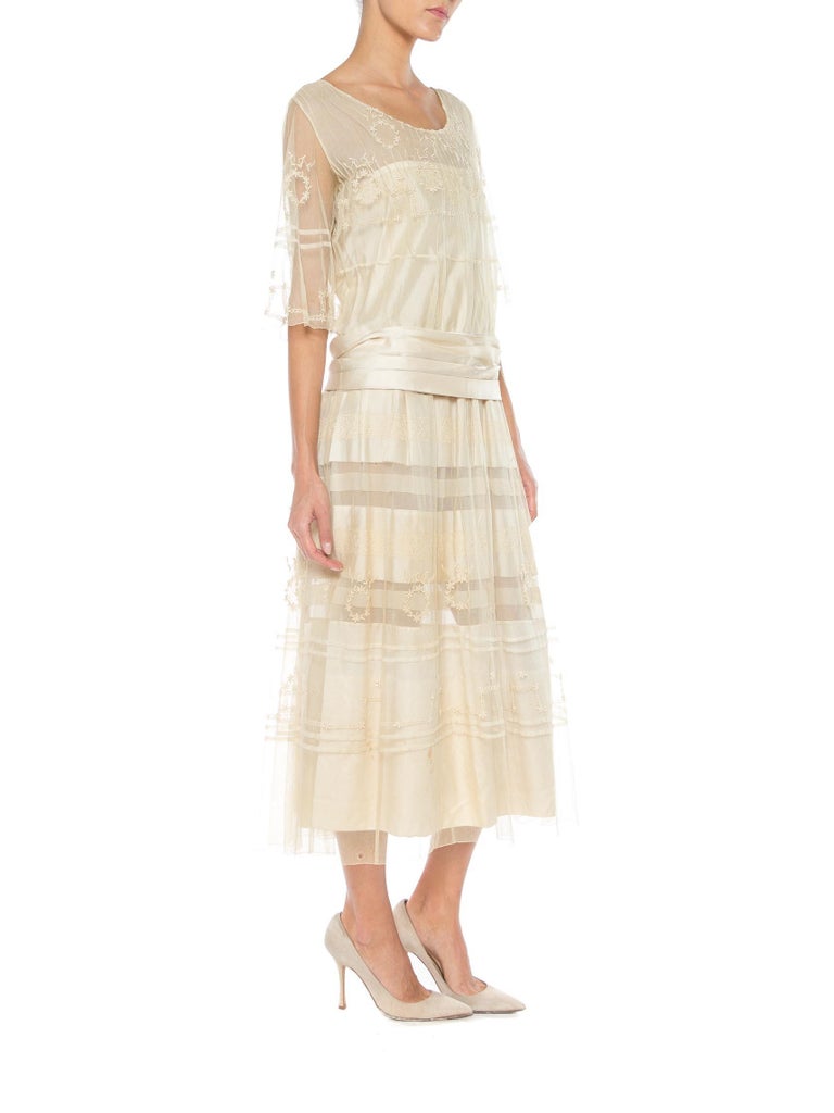 1920S Ecru Silk and Cotton Net Dress With Exceptional Hand Embroidery ...