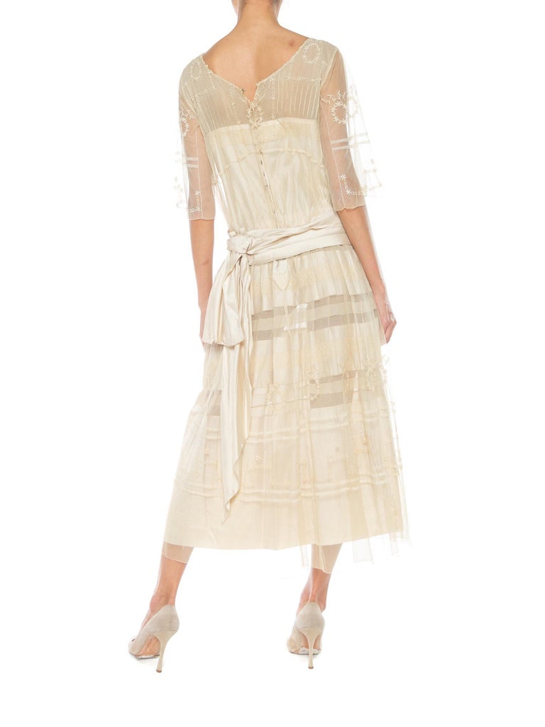 1920S Ecru Silk and Cotton Net Dress With Exceptional Hand Embroidery ...
