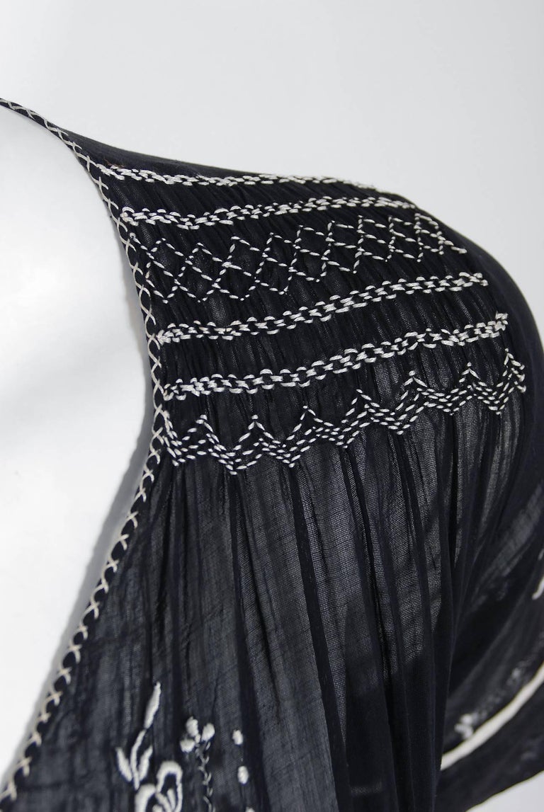 1920's Embroidered Floral Black Cotton Smocked Bohemian Peasant Dress ...