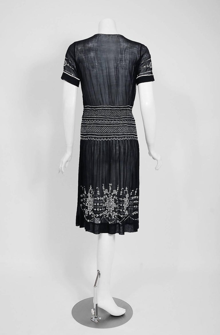 1920's Embroidered Floral Black Cotton Smocked Bohemian Peasant Dress ...