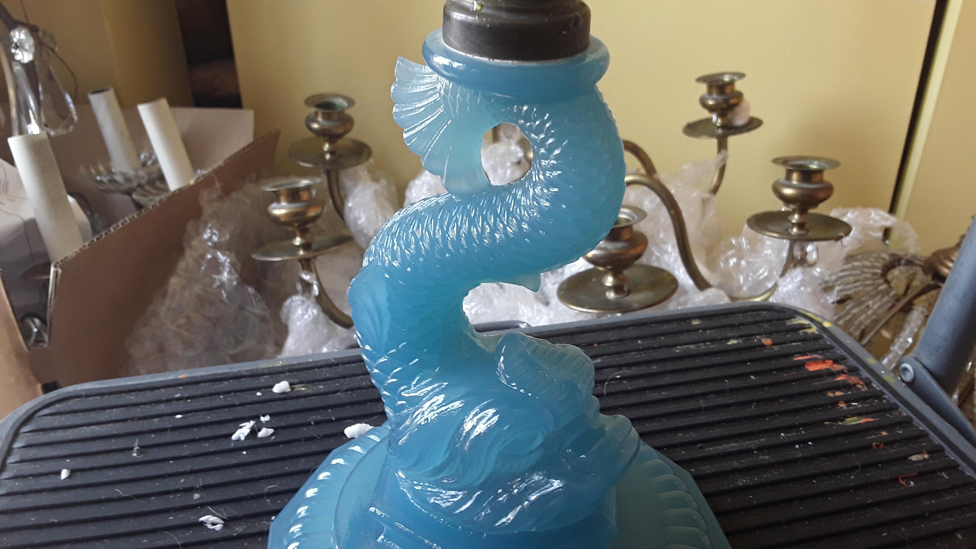 1920s French Art Deco Blue Art Glass Dolphin/ Sea Creature Table Lamp ...