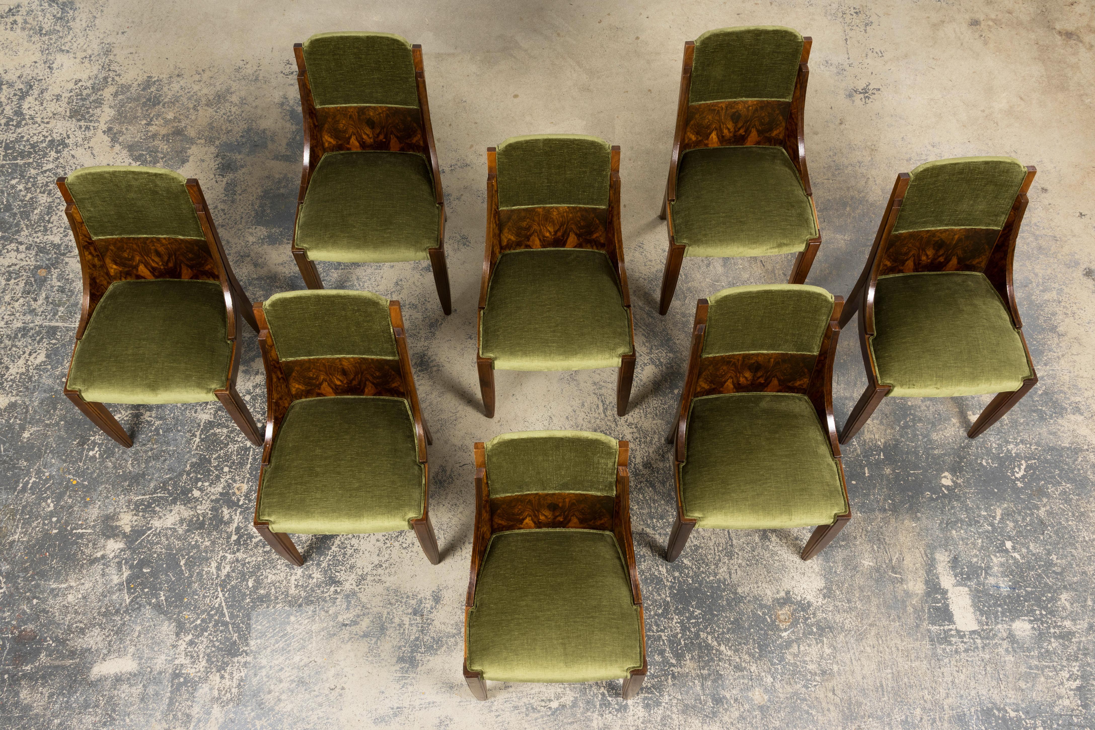 1920s French Art Deco Walnut Gondola Dining Chairs in Olive Green - Set ...
