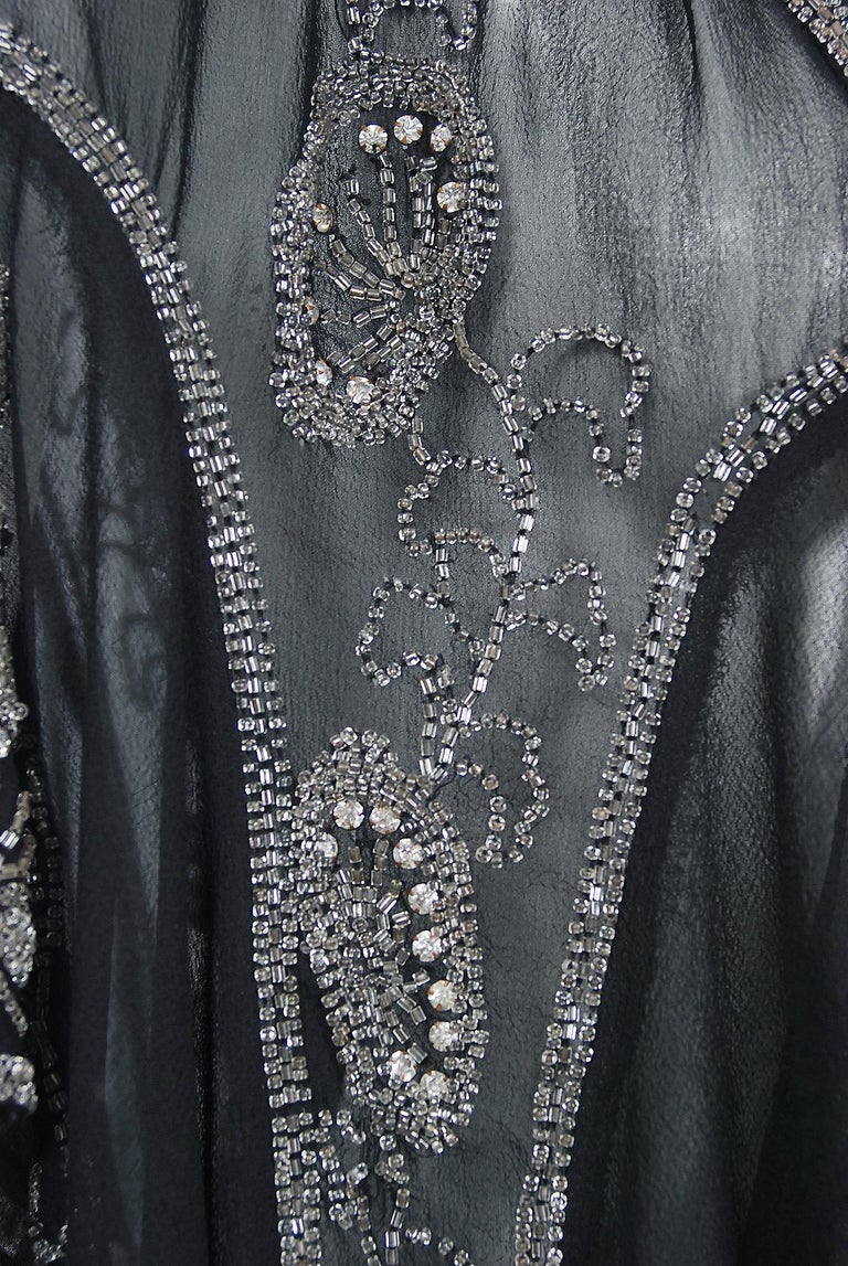 1920's French Beaded Rhinestone Floral Motif Black Chiffon Scalloped ...