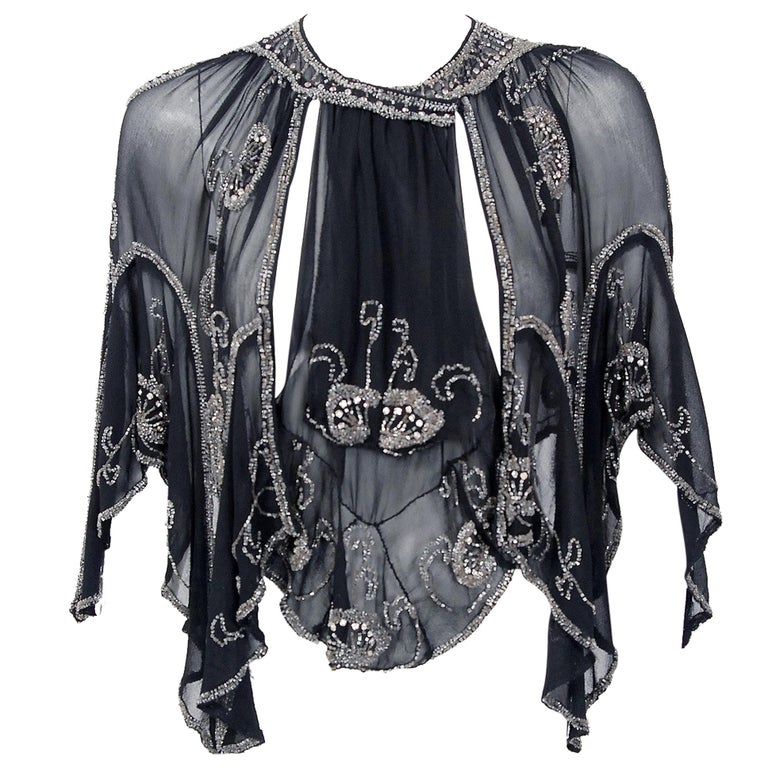 1920's French Beaded Rhinestone Floral Motif Black Chiffon Scalloped ...