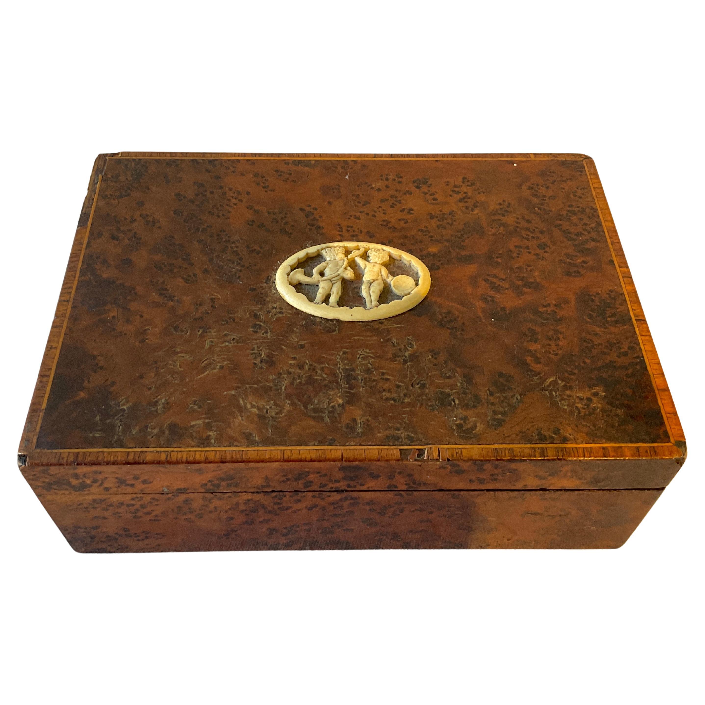 1920s French Burl Wood Box With Plaque Of Carved Cherubs Playing Music ...