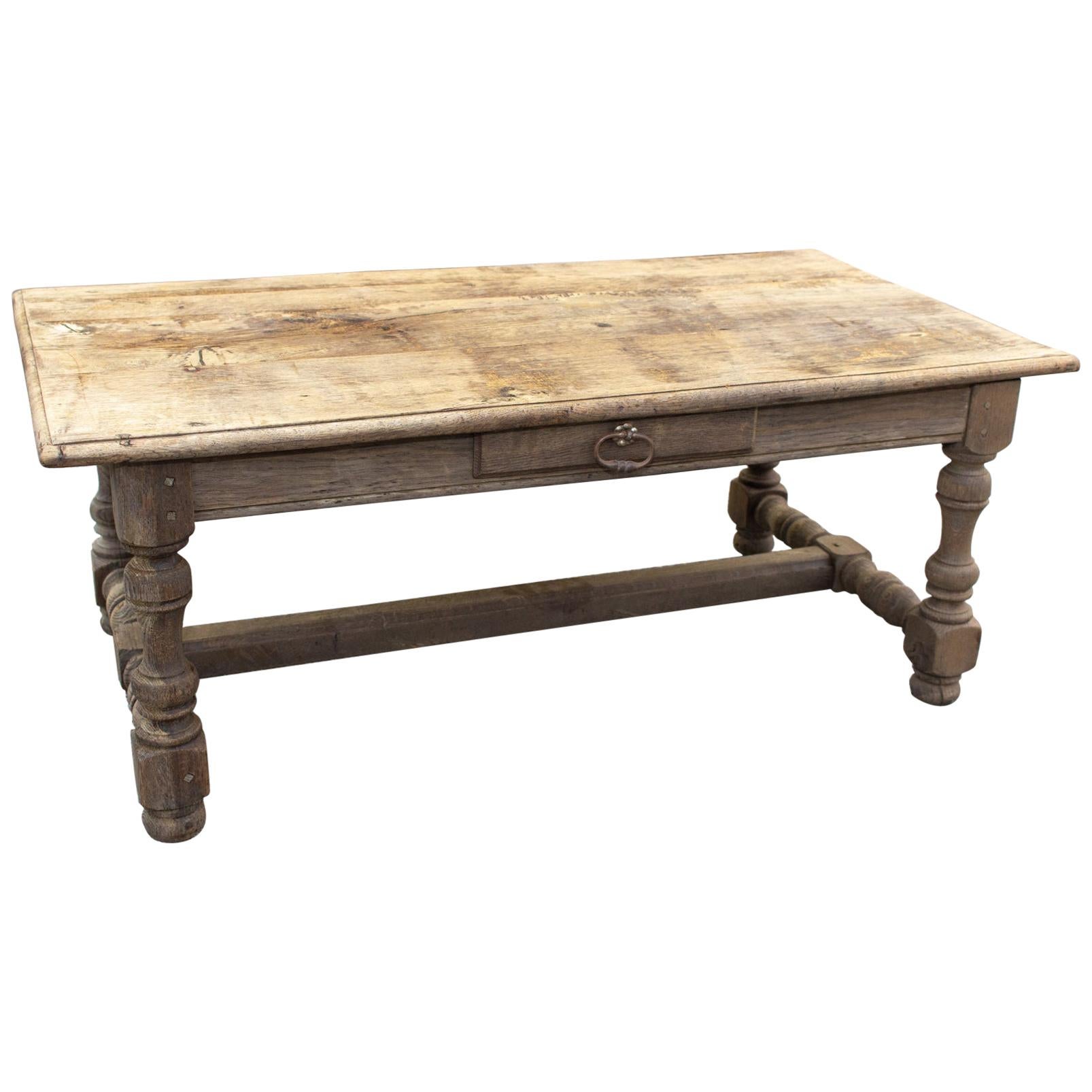 1920s French Distressed Oak Coffee Table with Drawer at 1stDibs