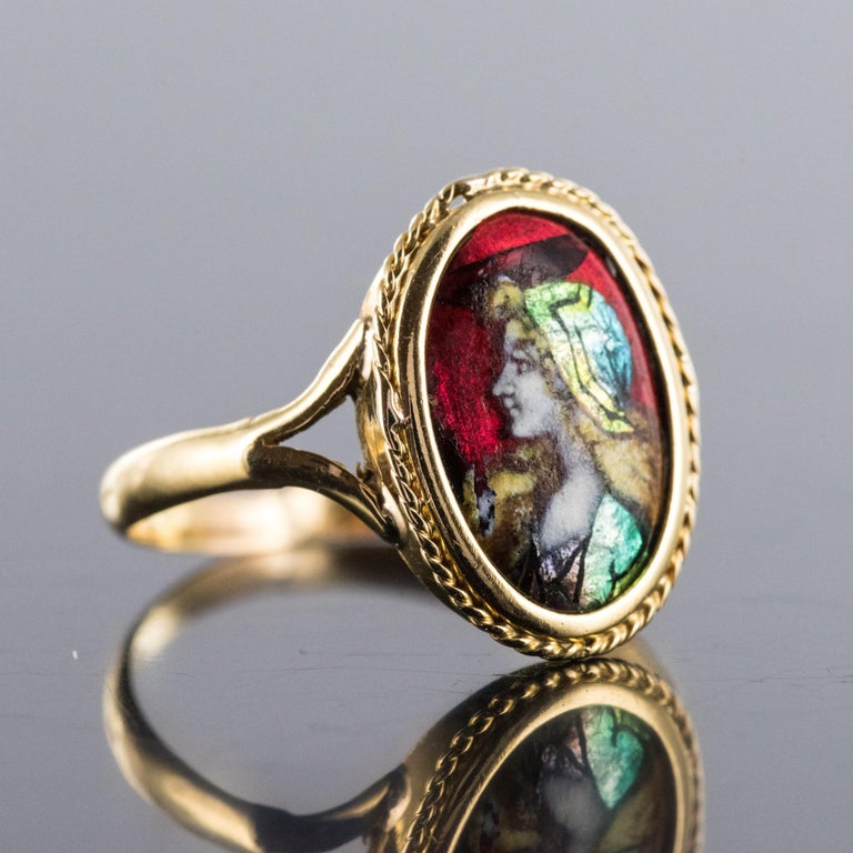 1920s French Limoges Enamel 18 Karat Yellow Gold Chiseled Oval Ring at 1stDibs