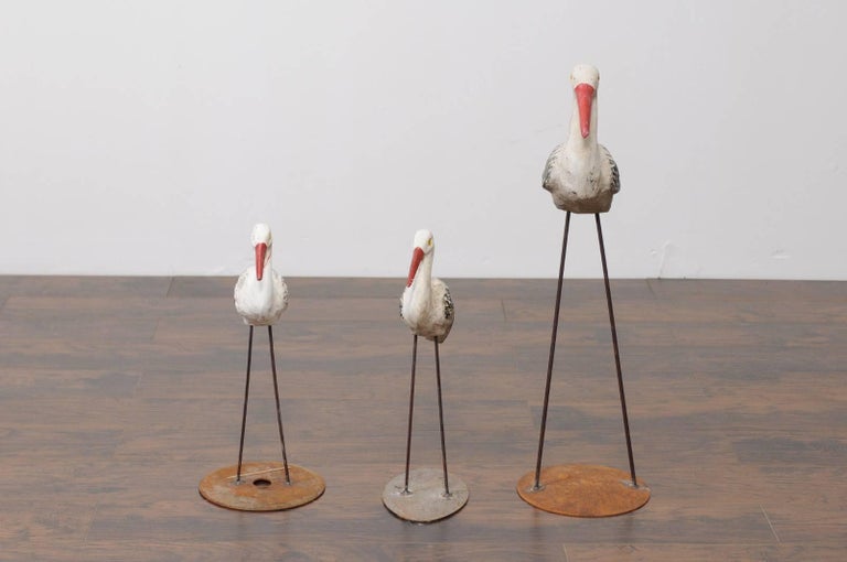 1920s French Painted Stone Storks from a Zoo in Alsace, Mounted on Iron ...