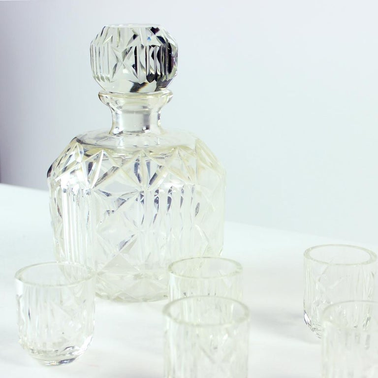 1920s Glass Bottle with Shots, Czechoslovakia, Set of 6 For Sale at 1stDibs