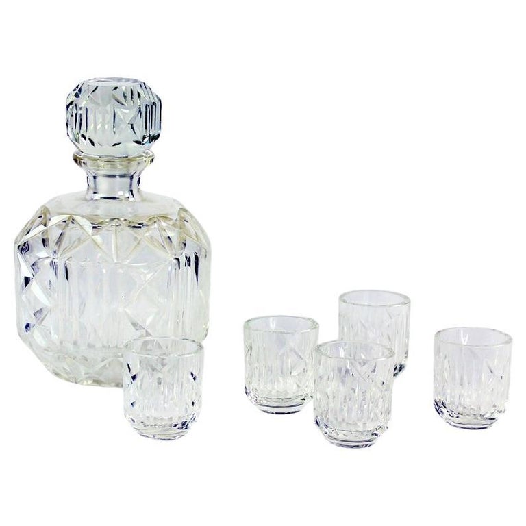 1920s Glass Bottle with Shots, Czechoslovakia, Set of 6 For Sale at 1stDibs