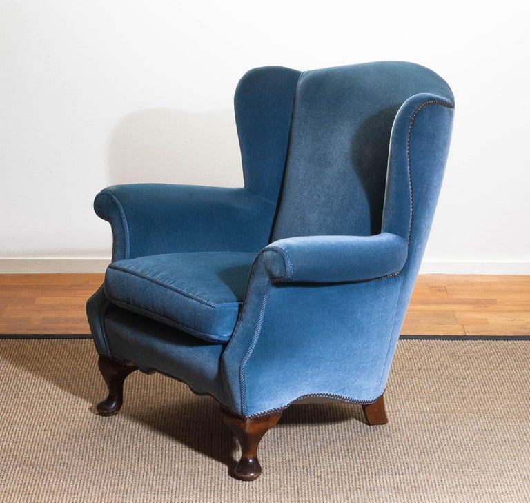 1920s, Hollywood Regency Blue Velvet Wingback Club Lounge Armchair ...