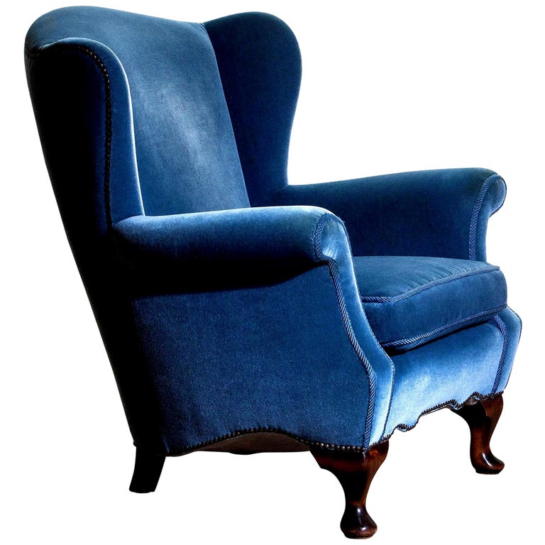1920s, Hollywood Regency Blue Velvet Wingback Club Lounge Armchair ...