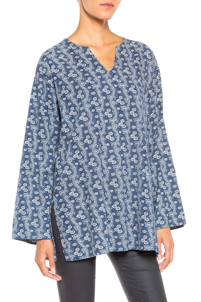 1920S Indigo Blue and White Organic Cotton Floral Print Tunic Top For ...