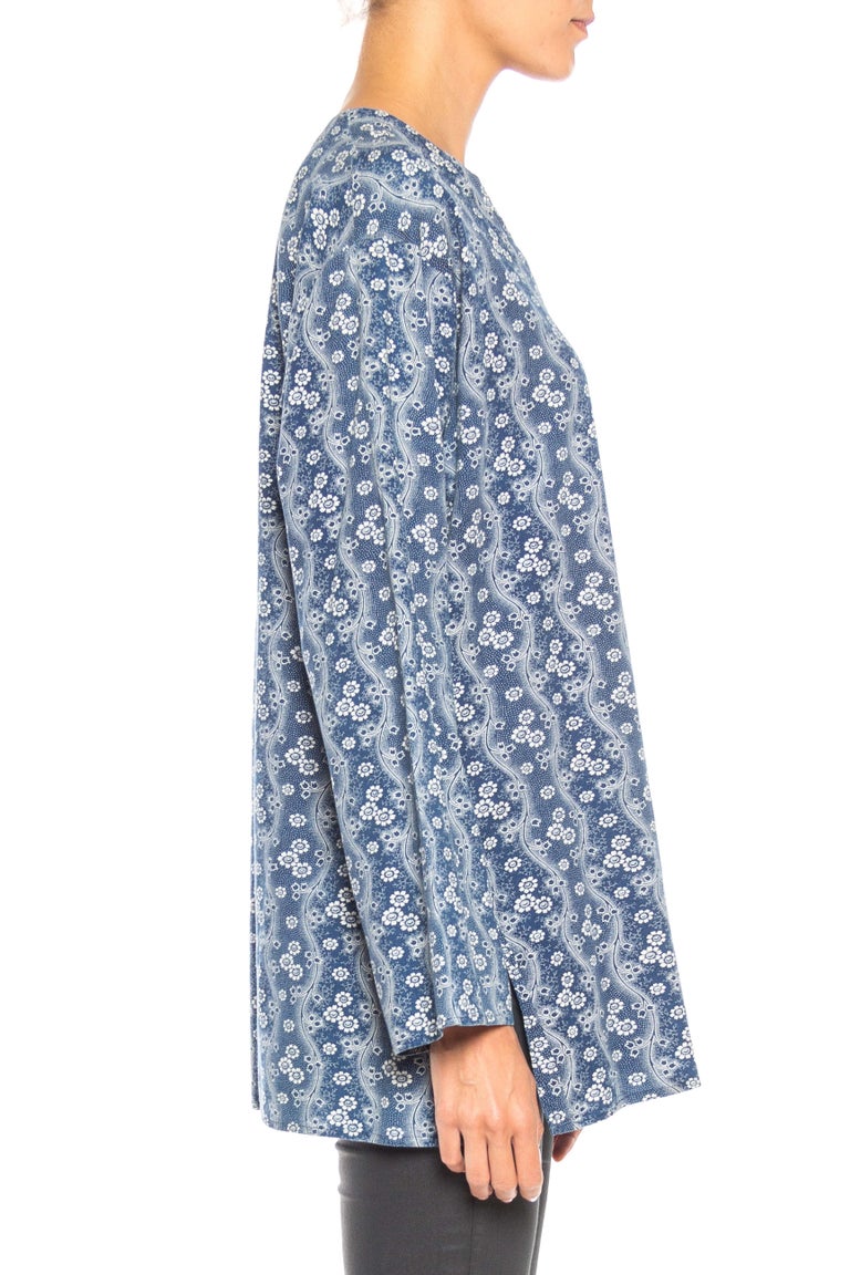 1920S Indigo Blue and White Organic Cotton Floral Print Tunic Top For ...